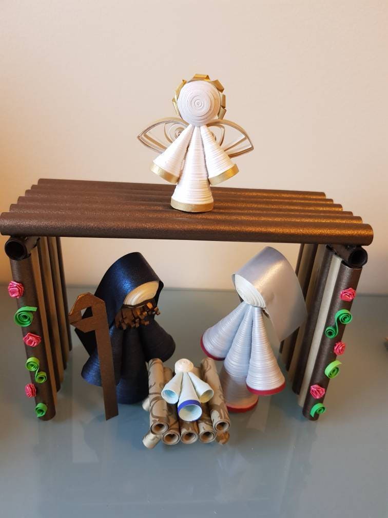 Complete Handmade Quilling Nativity Scene in Paper - 9 Pieces and a Hut ...