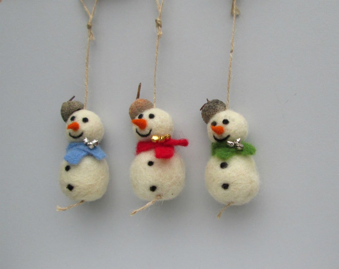 Hanging Snowman Ornament Tiny Snowman Acorn Caps Christmas Bell Natural ...