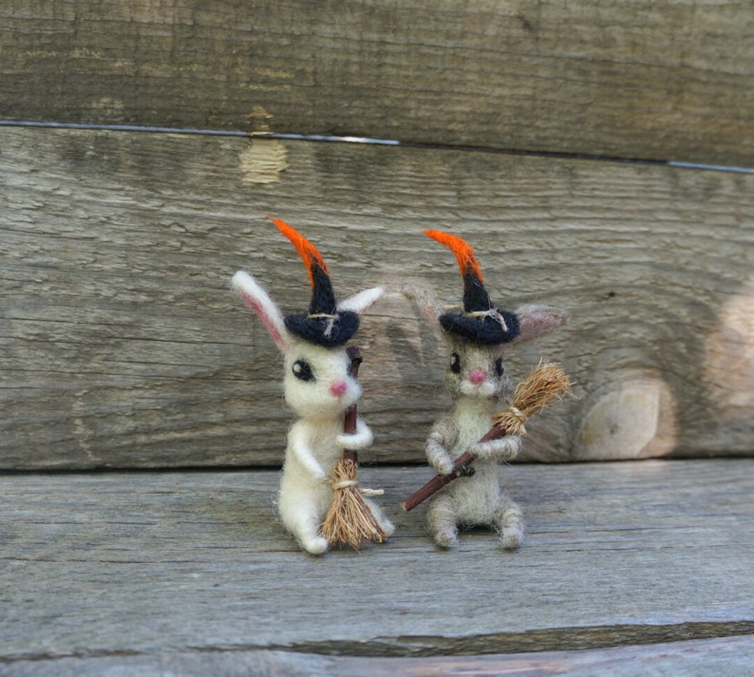 Felted Halloween Bunny Tiny Witch Broomstick Halloween Decor Halloween ...