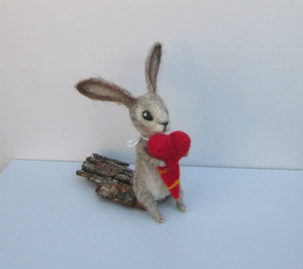 Felted Rabbit Red Heart Valentines Gift Wool Bunny Cute Animal Figurine ...