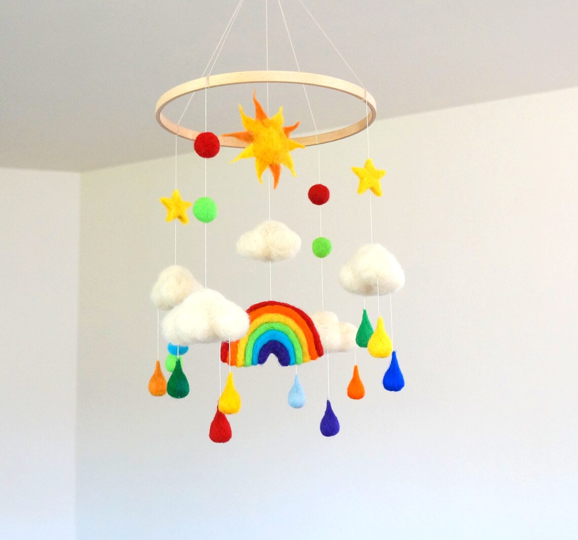 Rainbow Mobile Sun Mobile Felt Cloud Mobile Raindrops Baby - Etsy