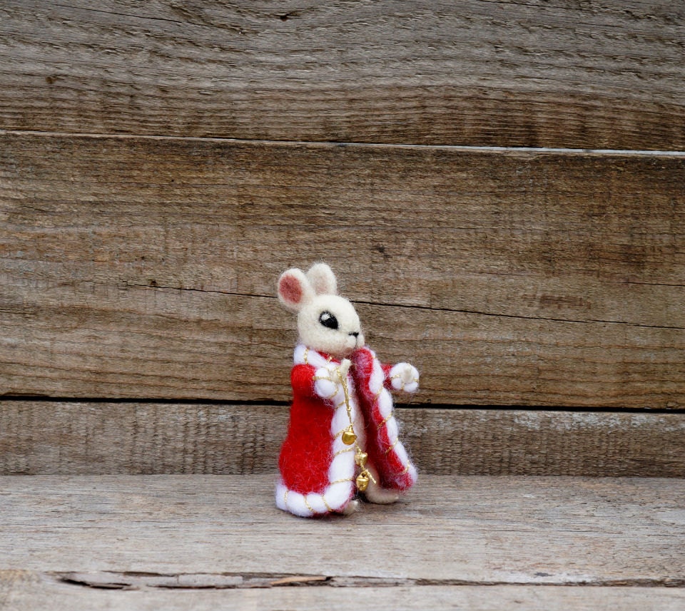 Santa Bunny White Felted Rabbit Christmas Bells Xmas Ornament | Etsy