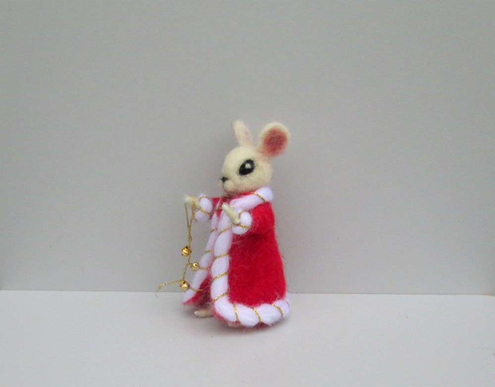 Santa Bunny White Felted Rabbit Christmas Bells Xmas Ornament | Etsy