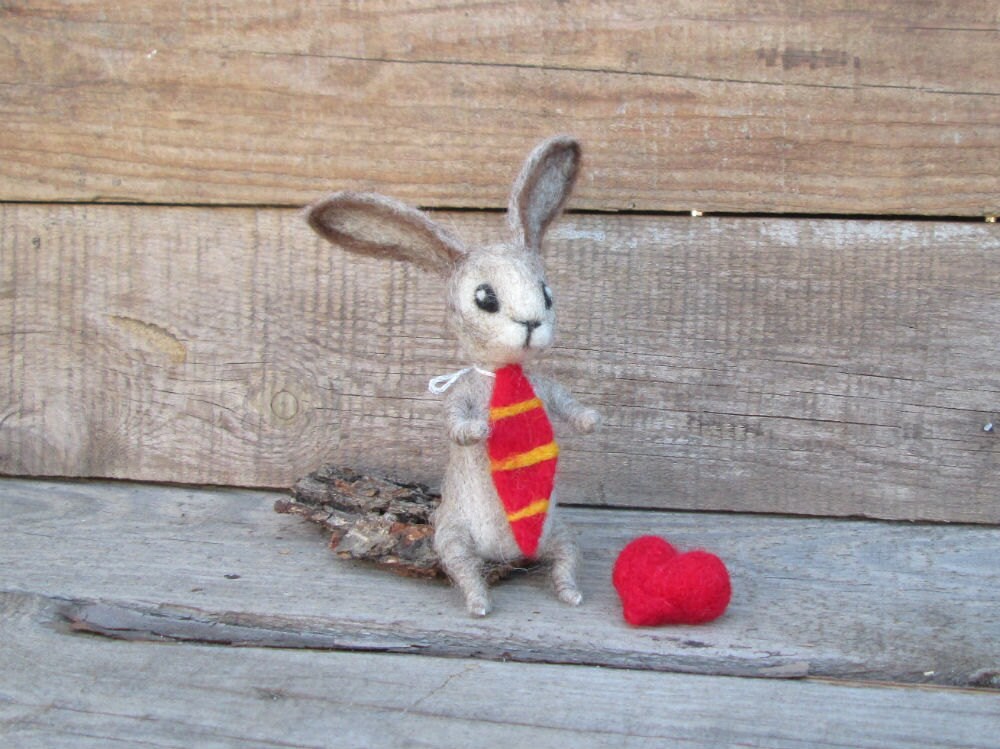 Felted Rabbit Red Heart Valentines Gift Wool Bunny Cute Animal Figurine ...