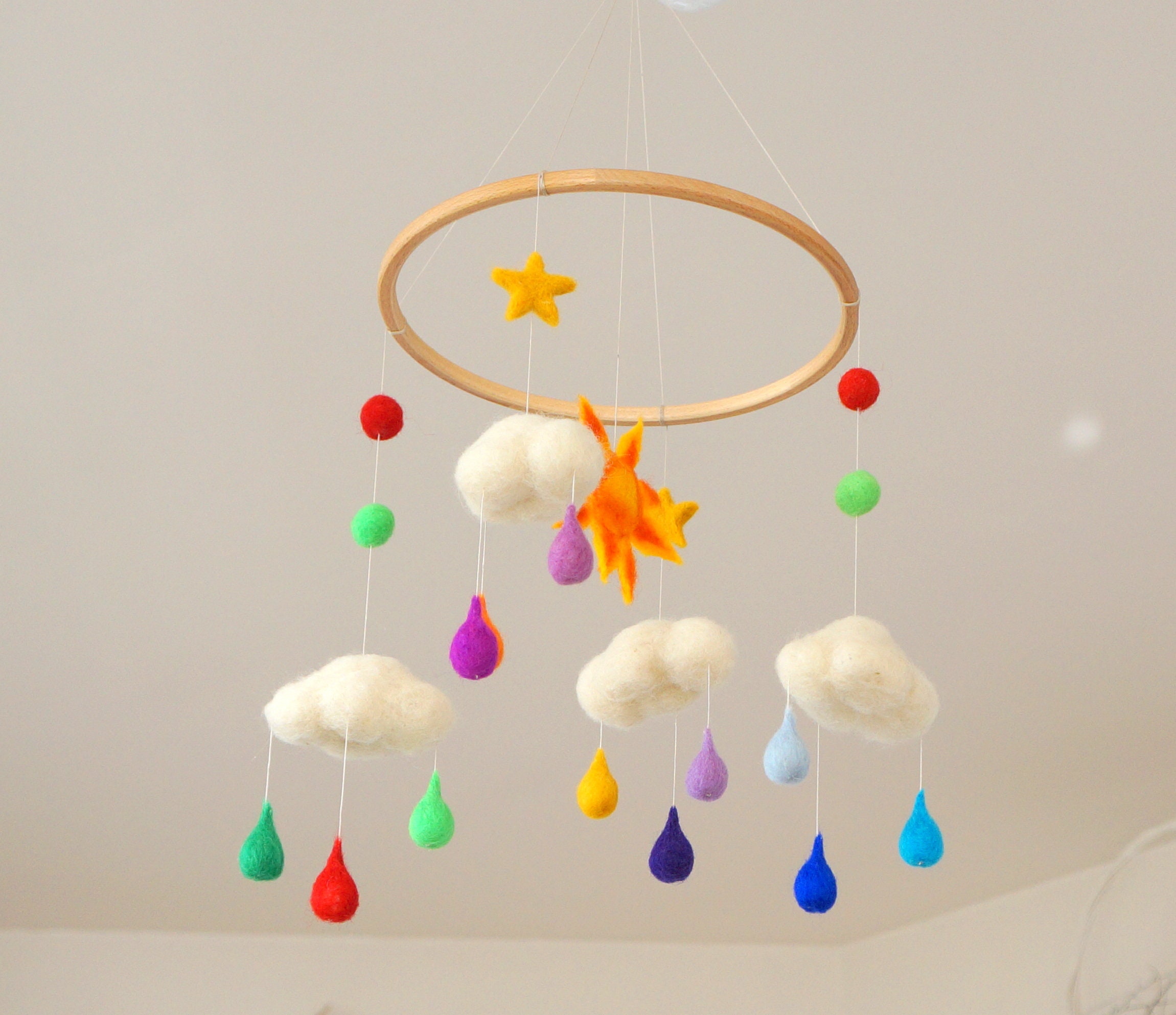 Sun Mobile Felt Cloud Mobile With Rainbow Raindrops, Sun, Stars ...