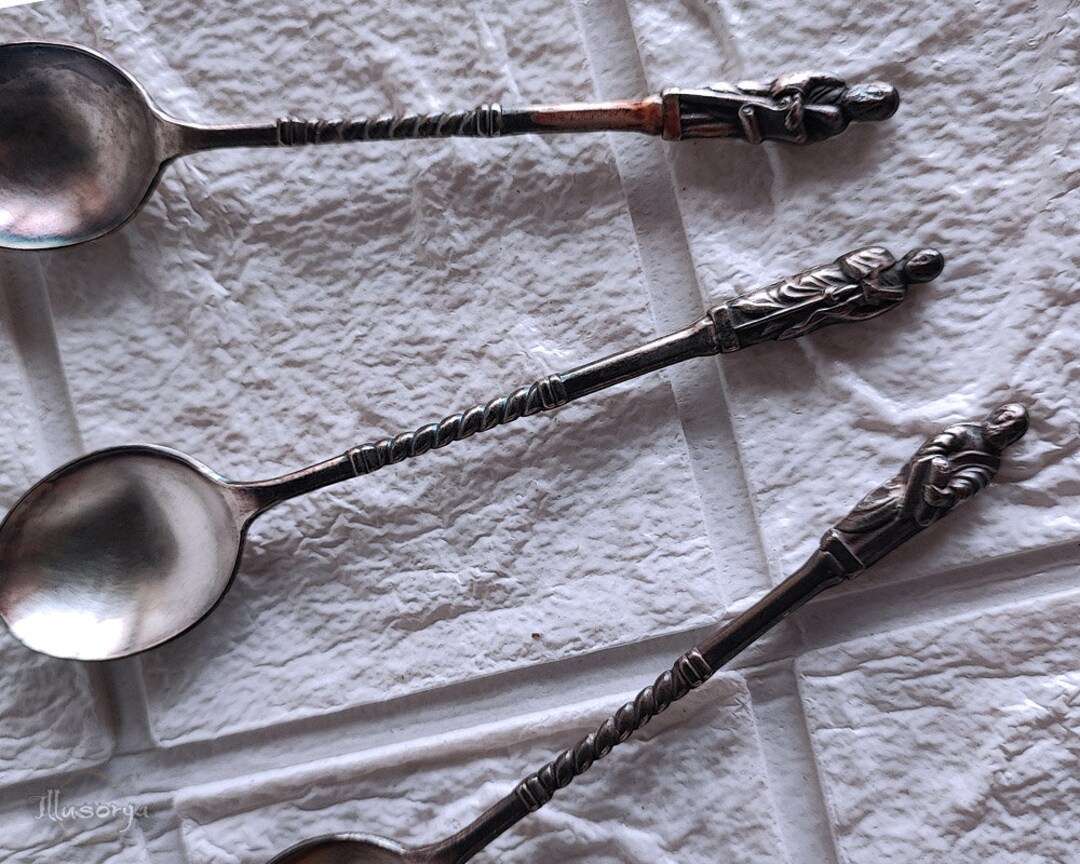 Set Three Silver Teaspoons Human Figures Monk With Swords and ...