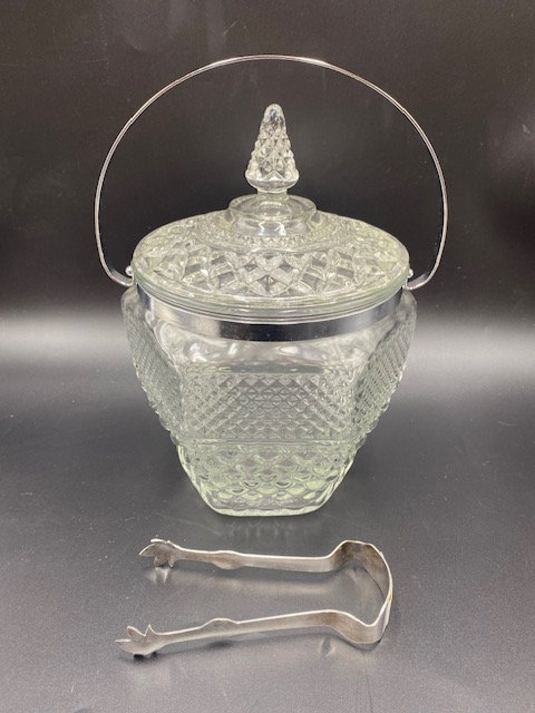 Vintage Glass Ice Bucket With Tongs - Glass Ice Bucket - Ice Bucket With Tongs - Vintage Ice ...