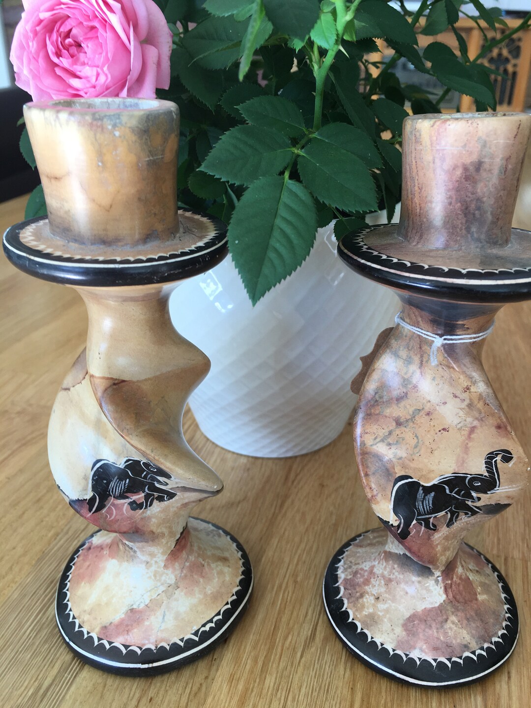 Pair of Sandstone Candlestick Holders Handcrafted Elephants, Trees ...