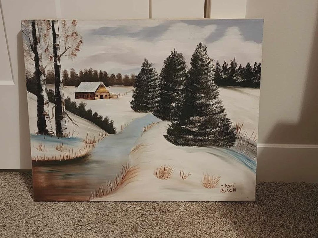 Original Oil Painting by Janet Rosch, Cabin, Woods, Winter. Stretched ...