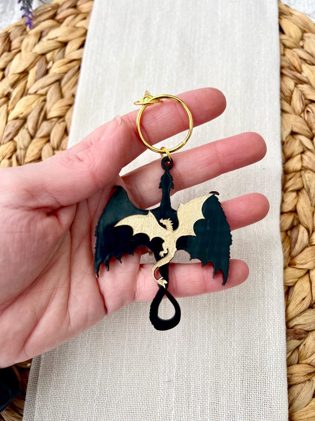 Black and Gold Dragon Keychain Fantasy Novel Inspired Merch Gift for ...