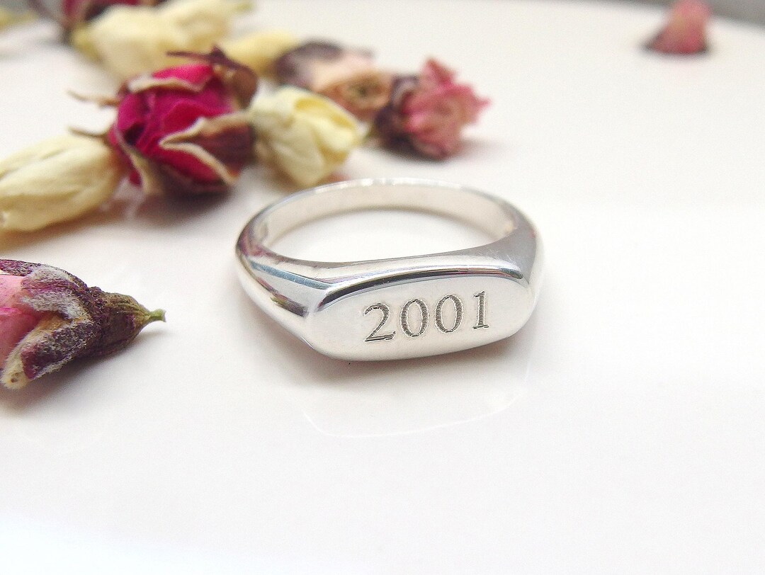 Engraved Date Ring, Custom Signet Ring, Personalized Year Date Number ...