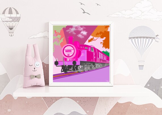 Pink Steam Train Illustrated Art Print | Etsy