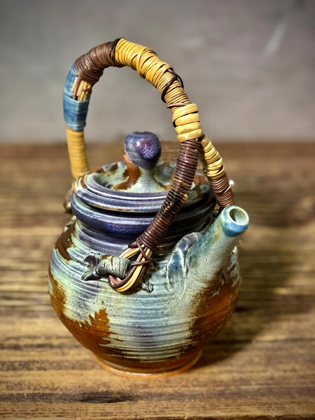 Hand Made Hand Thrown Stoneware Teapot Hand Wrapped Reed Handle - Etsy