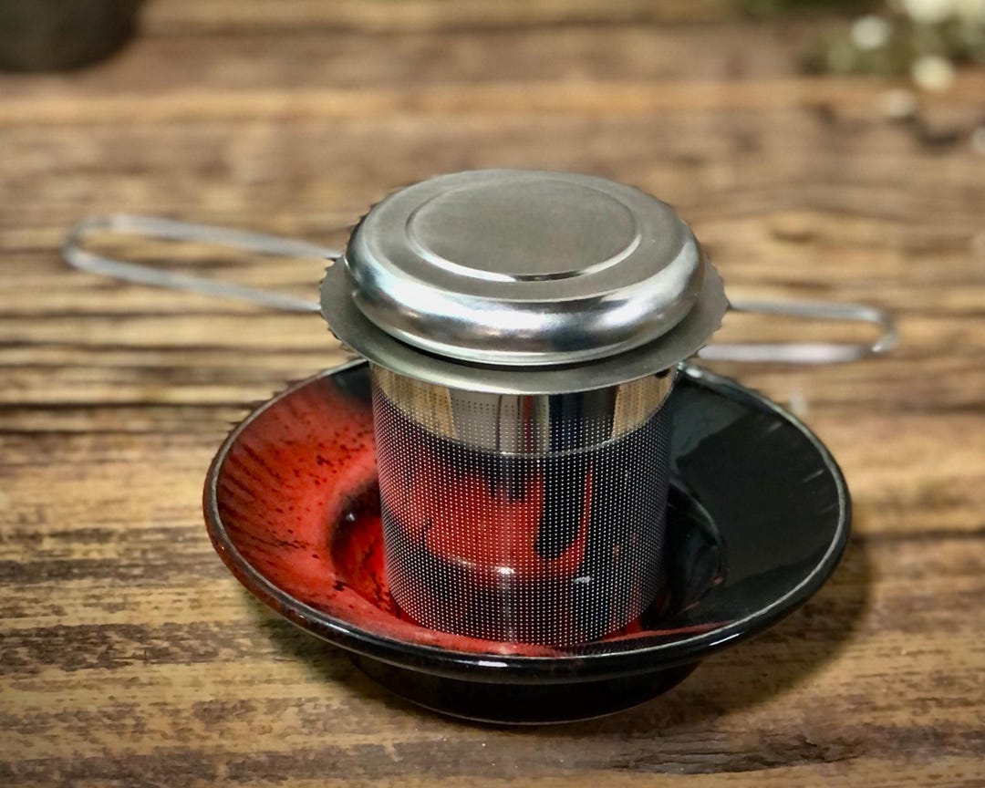 Tea Strainer Drip Bowl SET Saigon Red W/ Steel Basket Tea Infuser ...