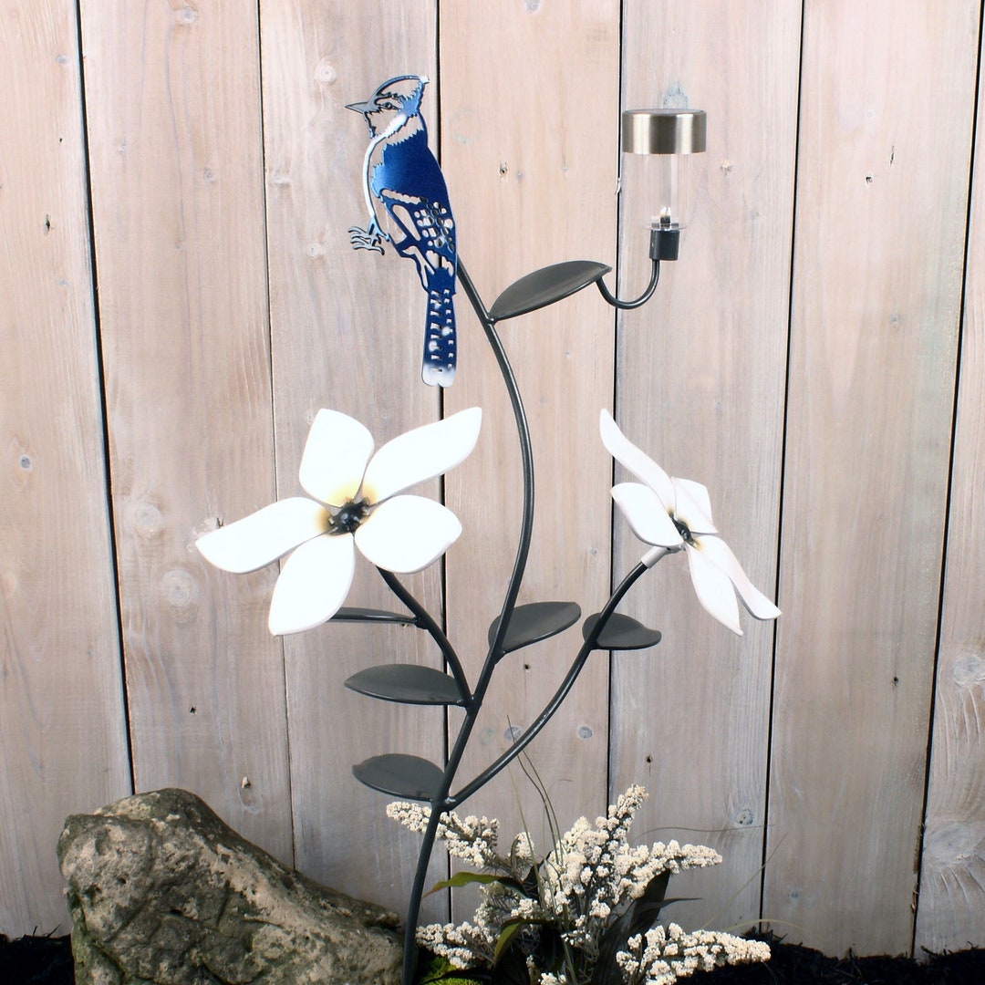 Blue Jay With Solar Light and Two Flowers / Metal Bird / Blue Jay Metal ...