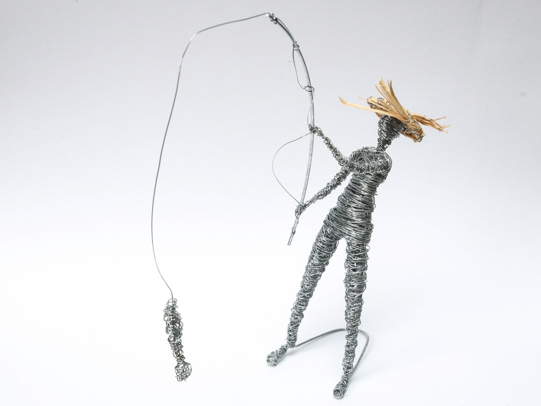 Salmon Fishing Sculpture, Fisherman, Wire Sculpture, Free Standing ...