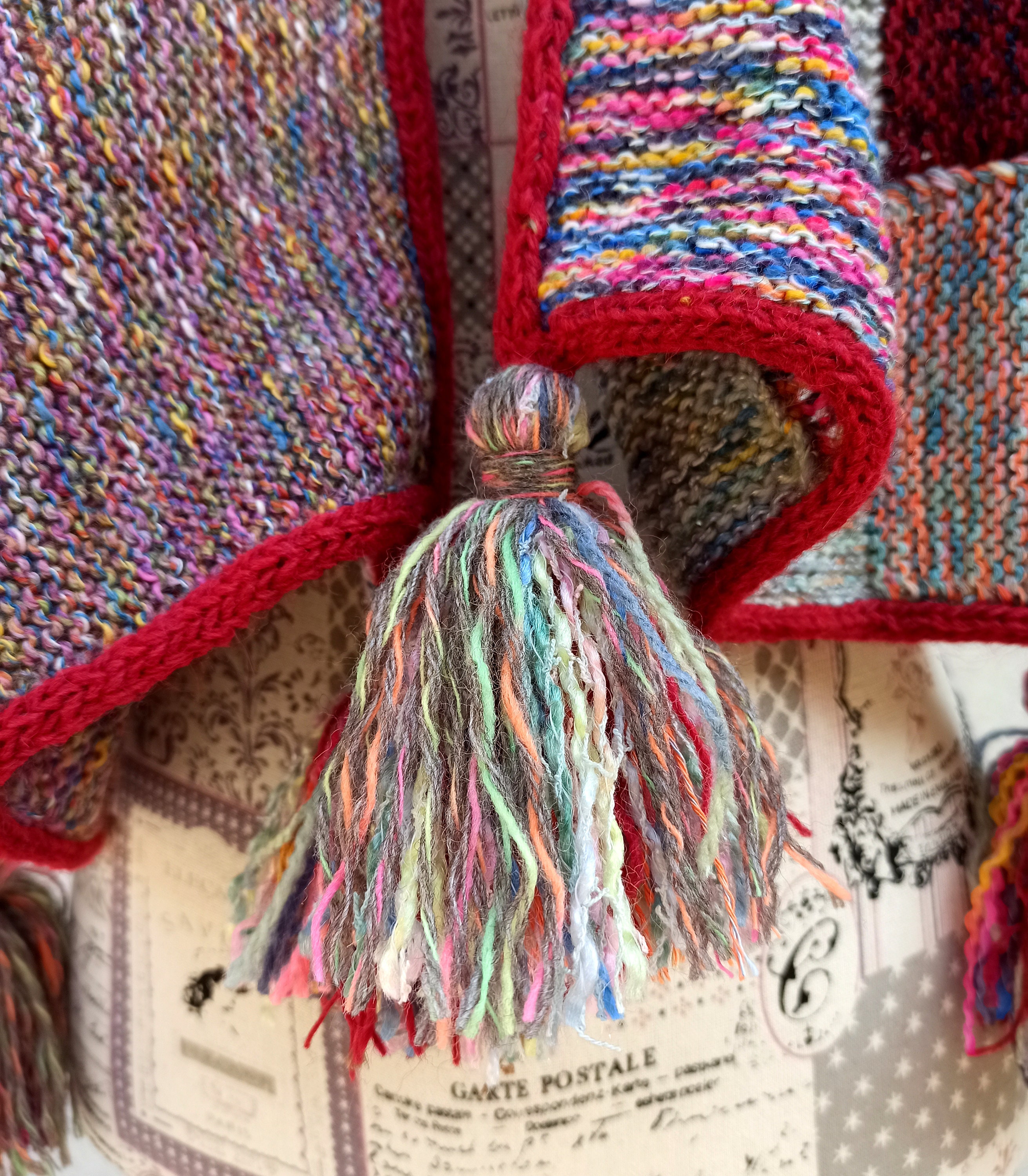 Knitted Colorblock Scarf, Squares and Tassels Wrap, Wool and Acrylic ...