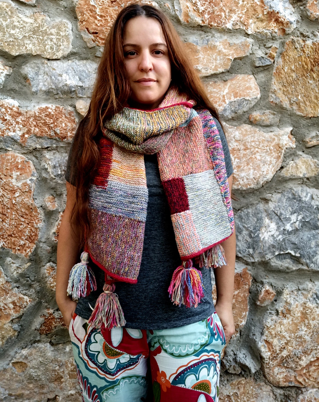 Knitted Colorblock Scarf, Squares and Tassels Wrap, Wool and Acrylic ...