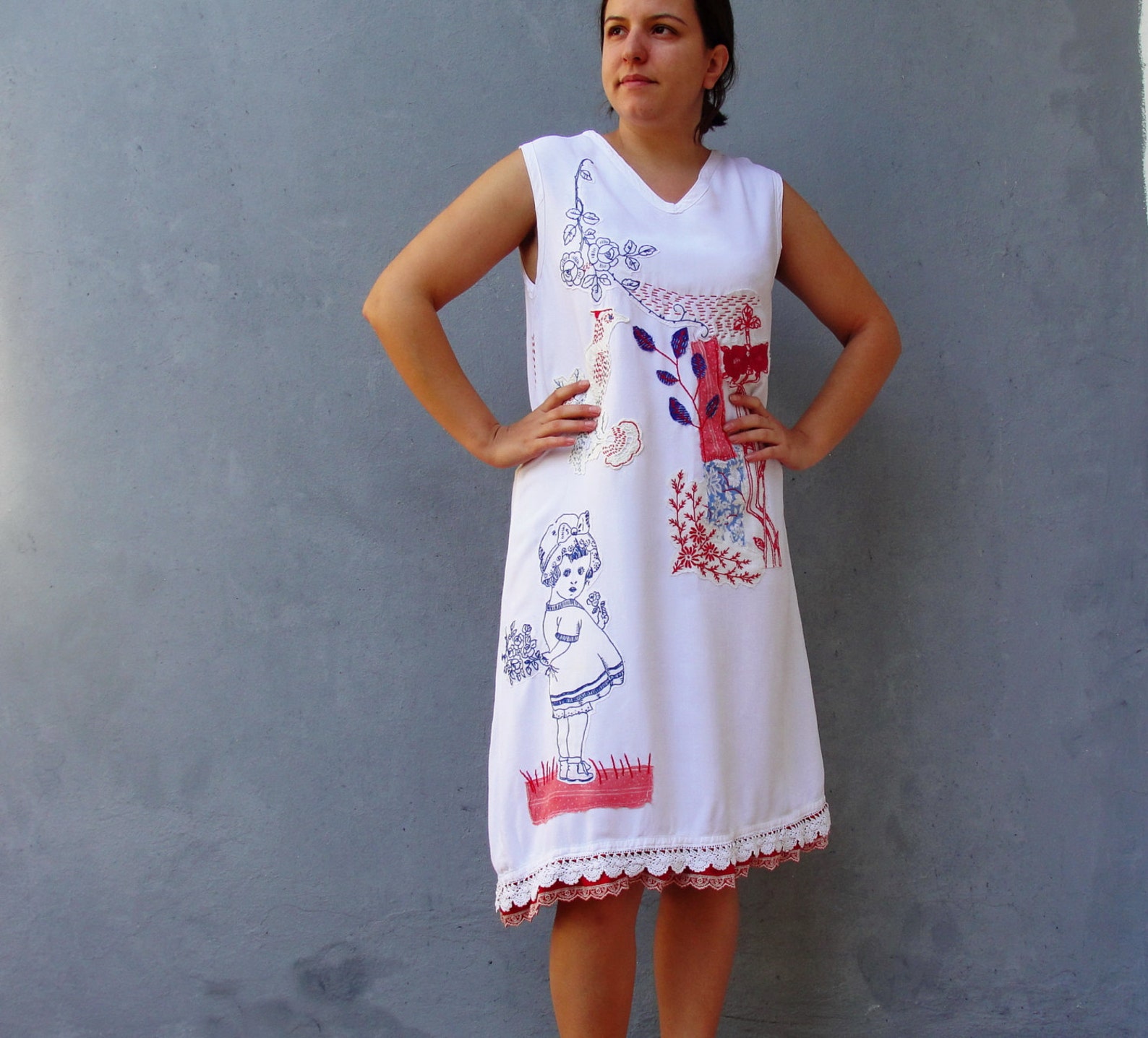 Soul Cloth Dress Hand Stitches Vintage Embroidery Linen Birds and ...