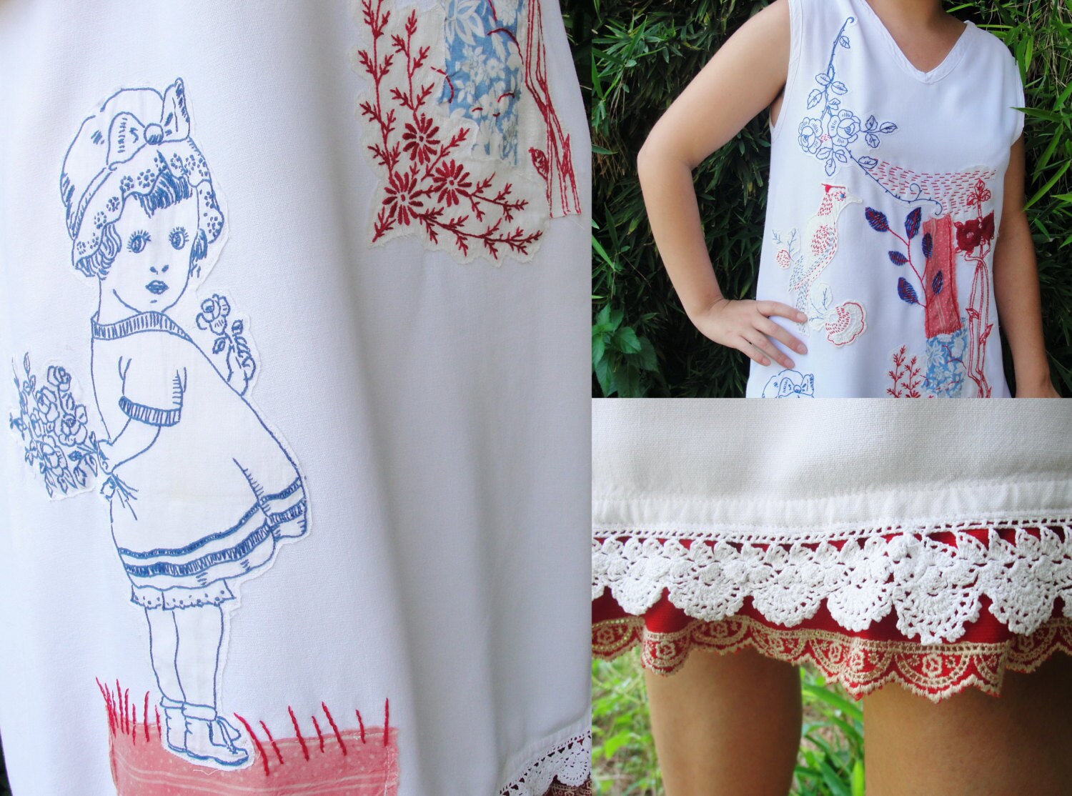 Soul Cloth Dress Hand Stitches Vintage Embroidery Linen Birds and ...