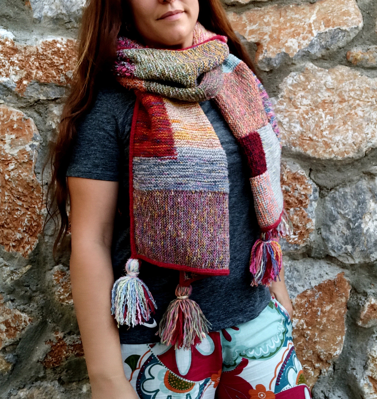 Knitted Colorblock Scarf, Squares and Tassels Wrap, Wool and Acrylic ...