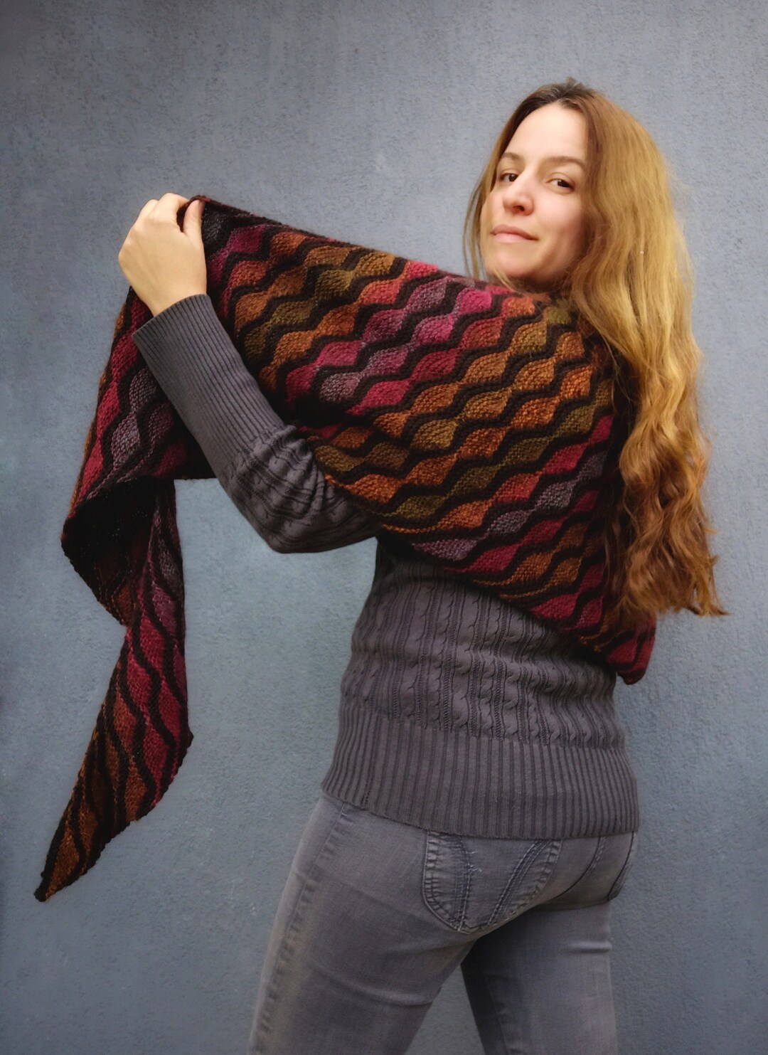 Knitted Triangle Scarf: Wavey Dark Rainbow Wool Blend Wrap - Etsy
