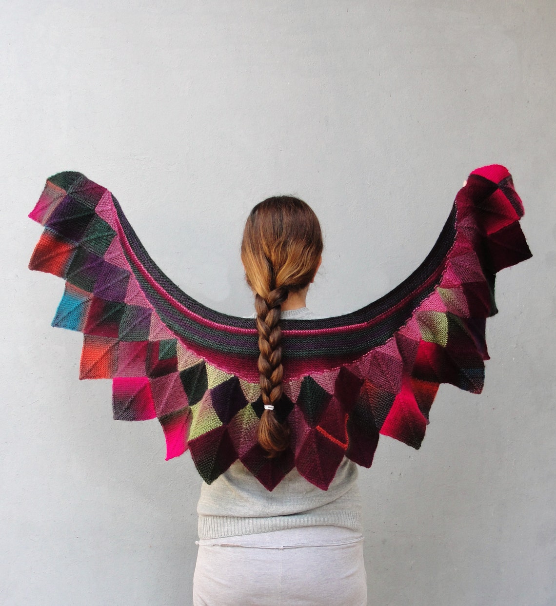 Knitted Wing Scarf Purple Magenta Green Scales Wrap Scarf. - Etsy