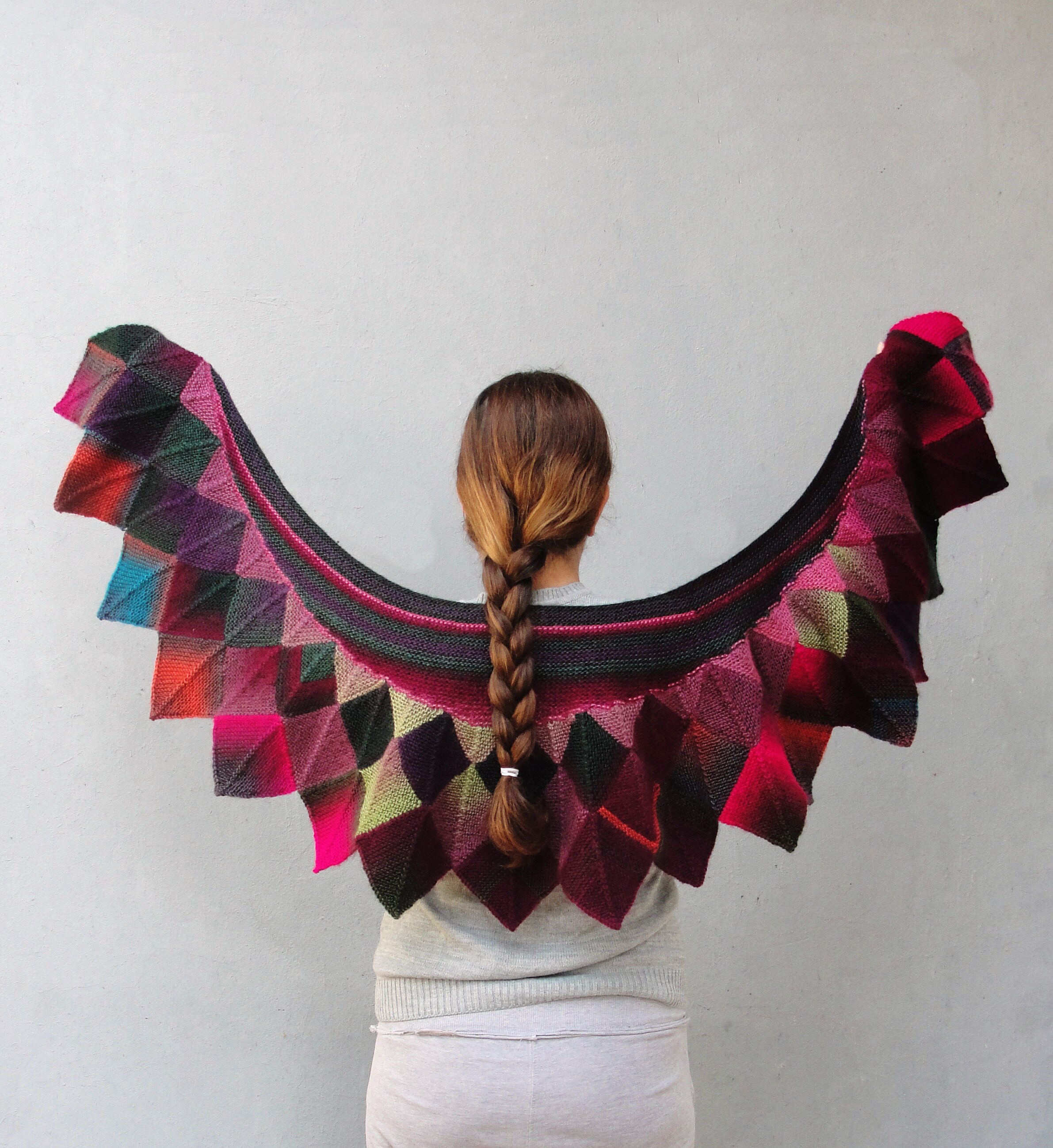 Knitted Wing Scarf Purple Magenta Green Scales Wrap Scarf. With Flocked ...