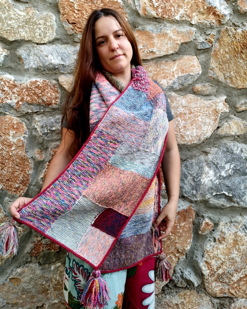 Knitted Colorblock Scarf, Squares and Tassels Wrap, Wool and Acrylic ...