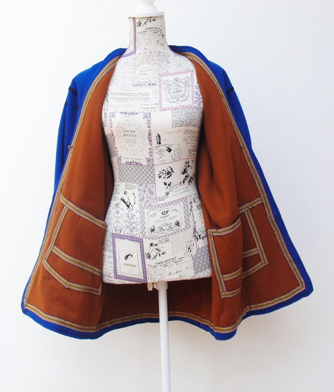 Cobalt Blue Wool Vintage Coat Jacket Embellished With Embroidery Size ...