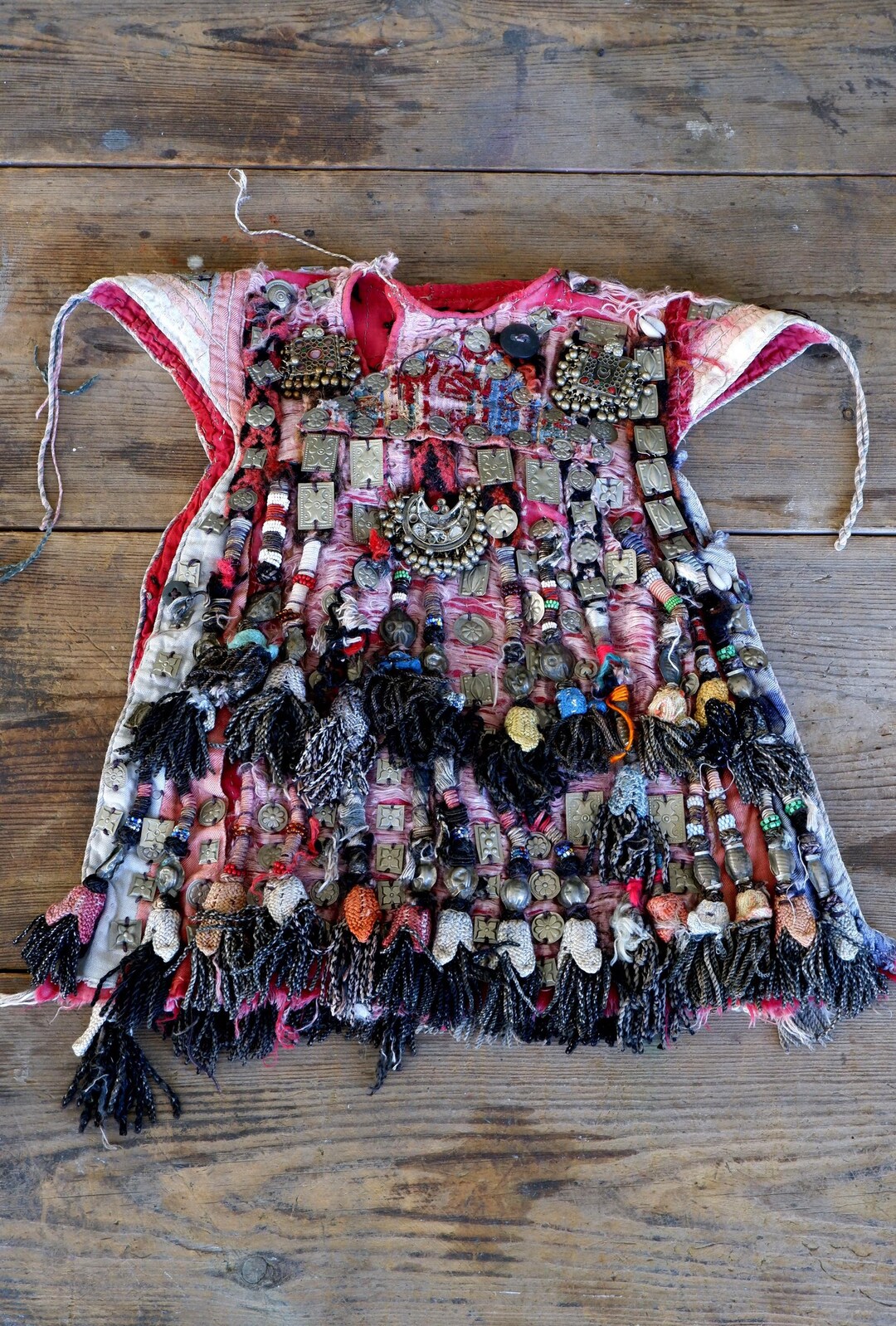 Antique Turkmen Child's Vest: Embroidered Kuchi Amulets, Tassels ...