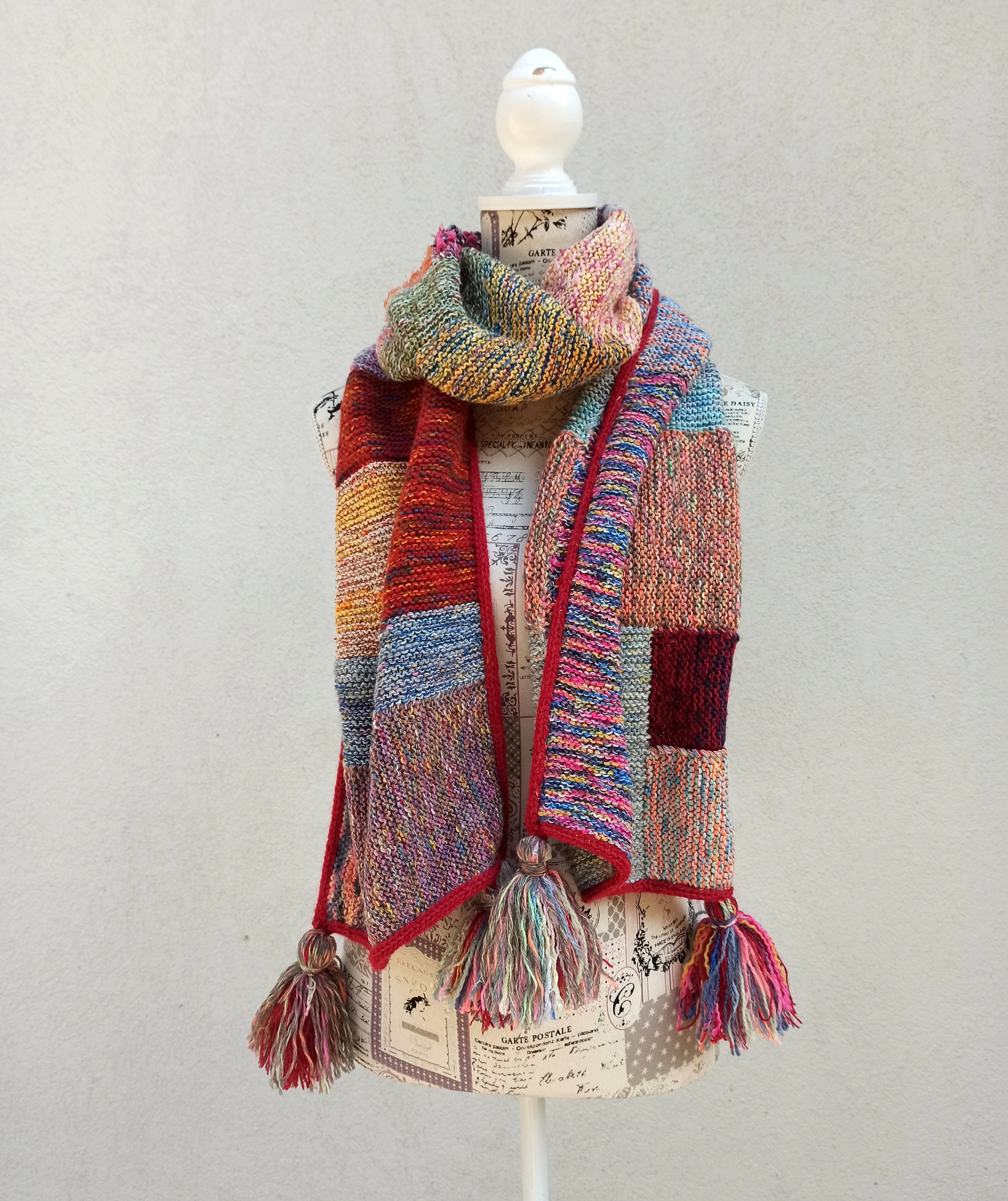 Knitted Colorblock Scarf, Squares and Tassels Wrap, Wool and Acrylic ...
