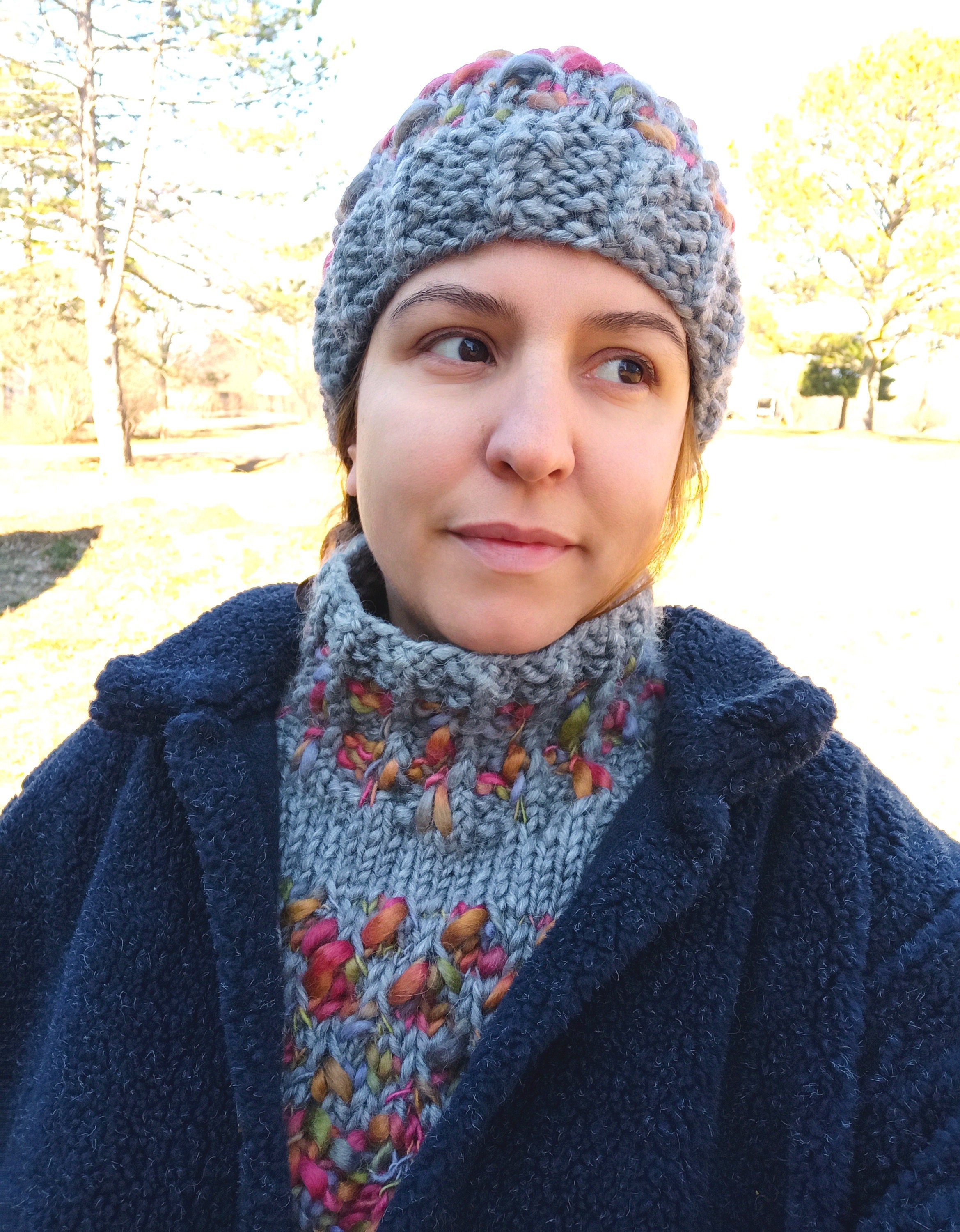 Cozy Wool Knit Hat and Cowl Set Luxurious Accessory Gray With Rainbow ...