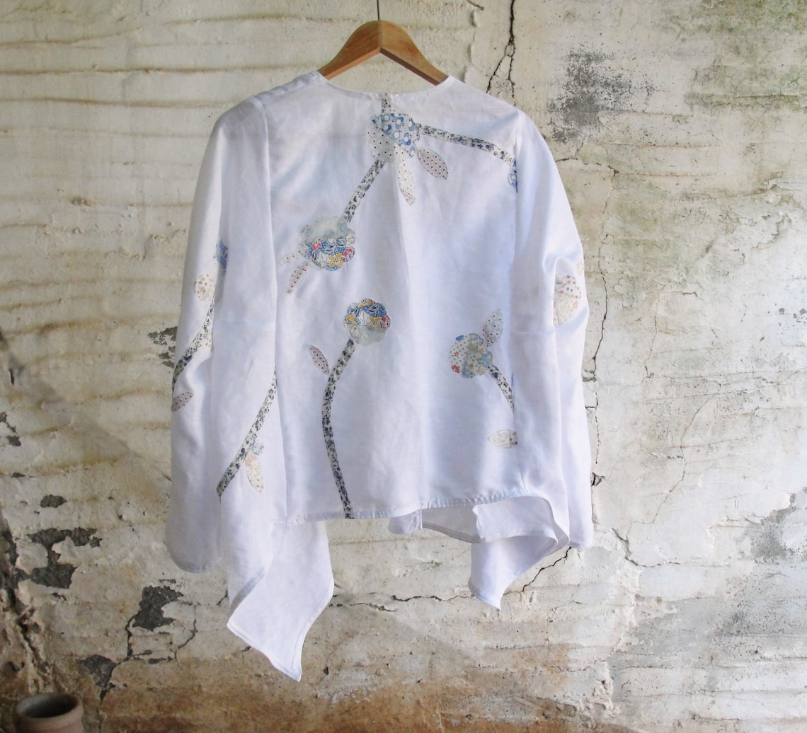 White Linen Jacket Embellished With Patchwork Applique - Etsy