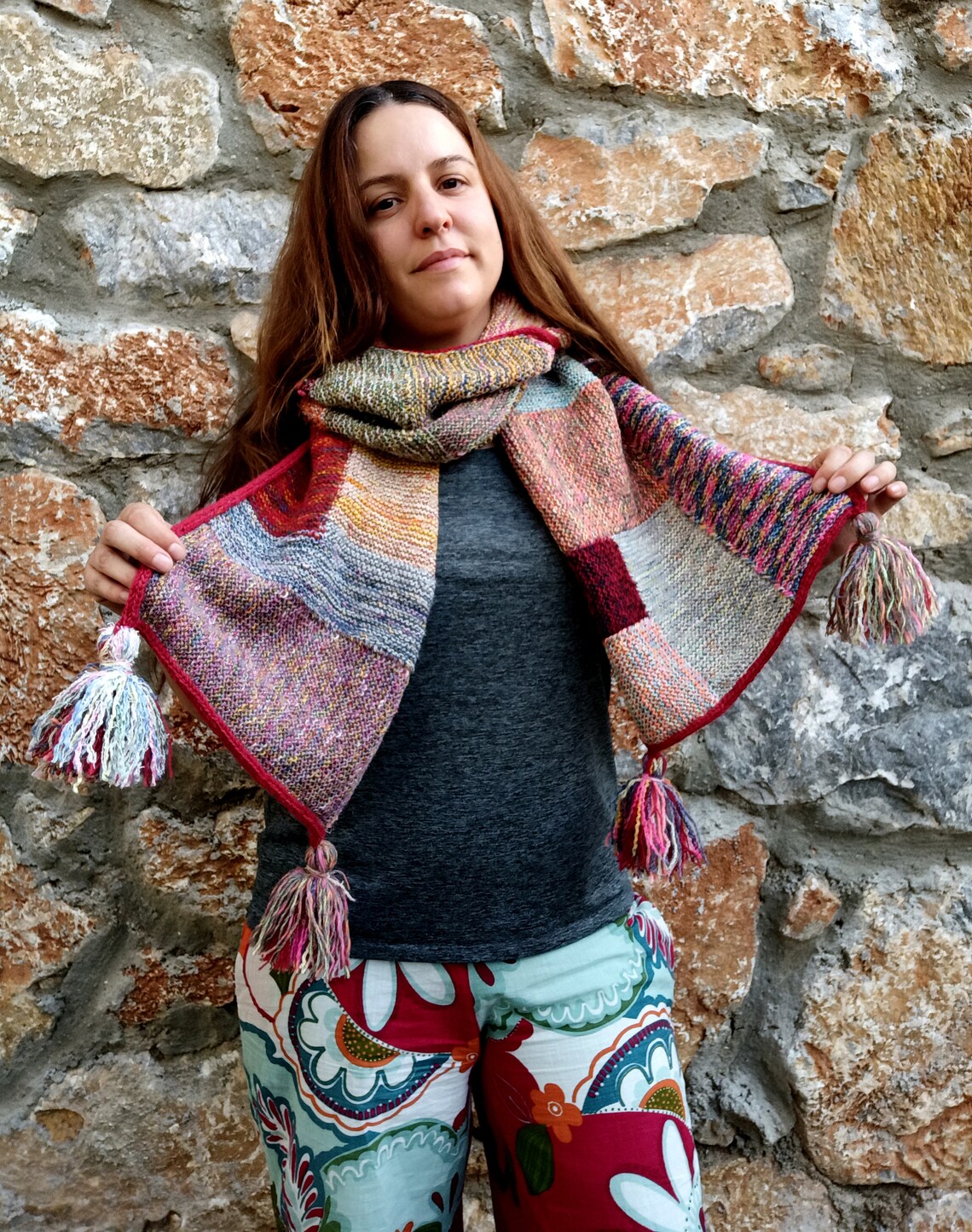 Knitted Colorblock Scarf Squares and Tassels Wrap Wool and - Etsy