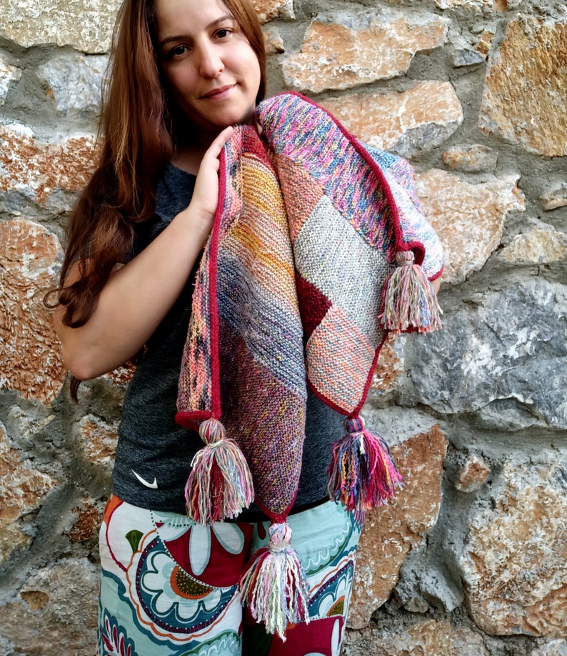 Knitted Colorblock Scarf, Squares and Tassels Wrap, Wool and Acrylic ...