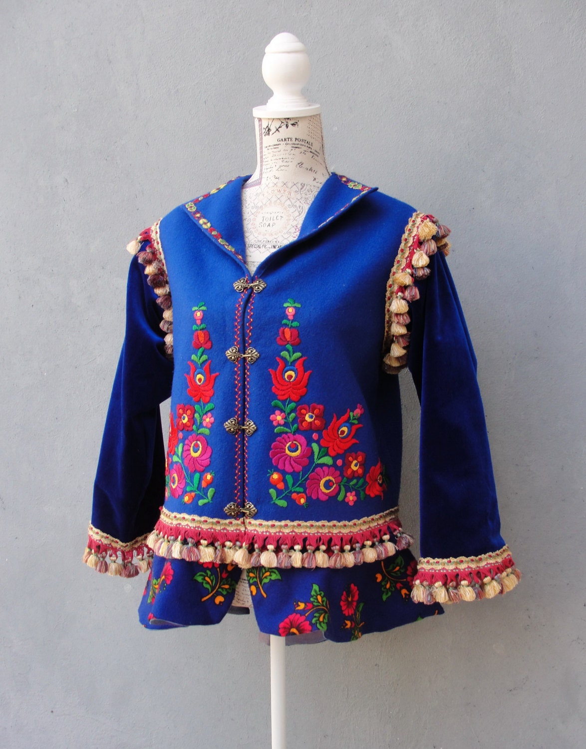 Bohemian Embroidered Blue Felt Jacket With Trims and Velvet Size Medium ...