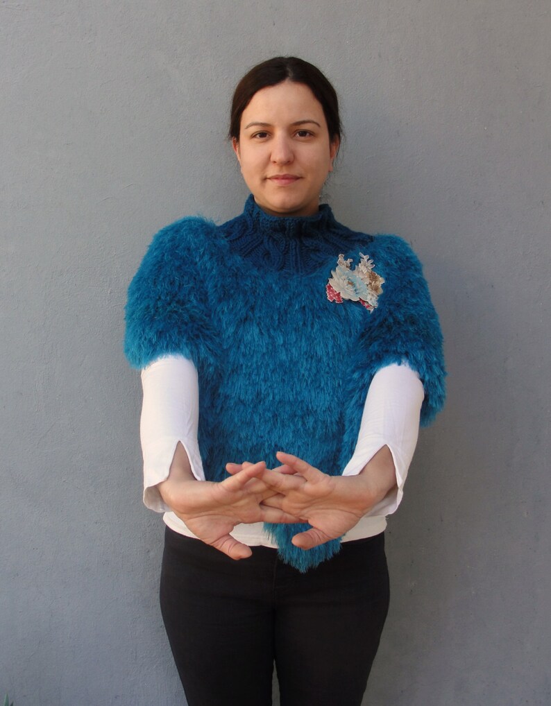 Waterfall Capelet Cowl Shawl Teal Blue Knitted Capelet With Floral ...