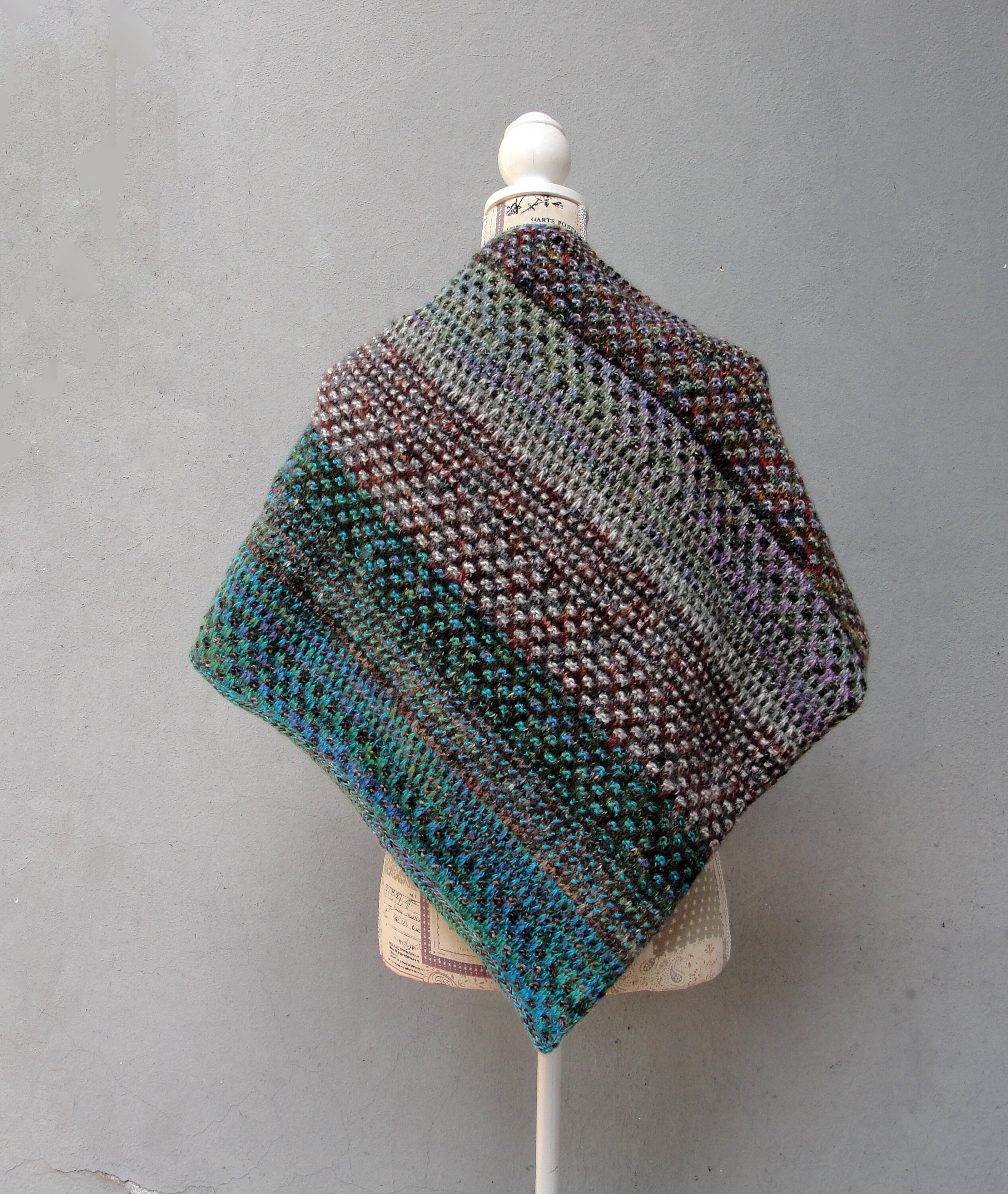 Knitted Textured Scarf, Stripe Textures Cowl, Wool and Acrylic, Teal ...