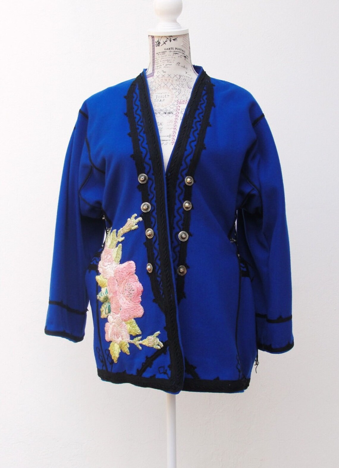 Cobalt Blue Wool Vintage Coat Jacket Embellished With Embroidery Size ...
