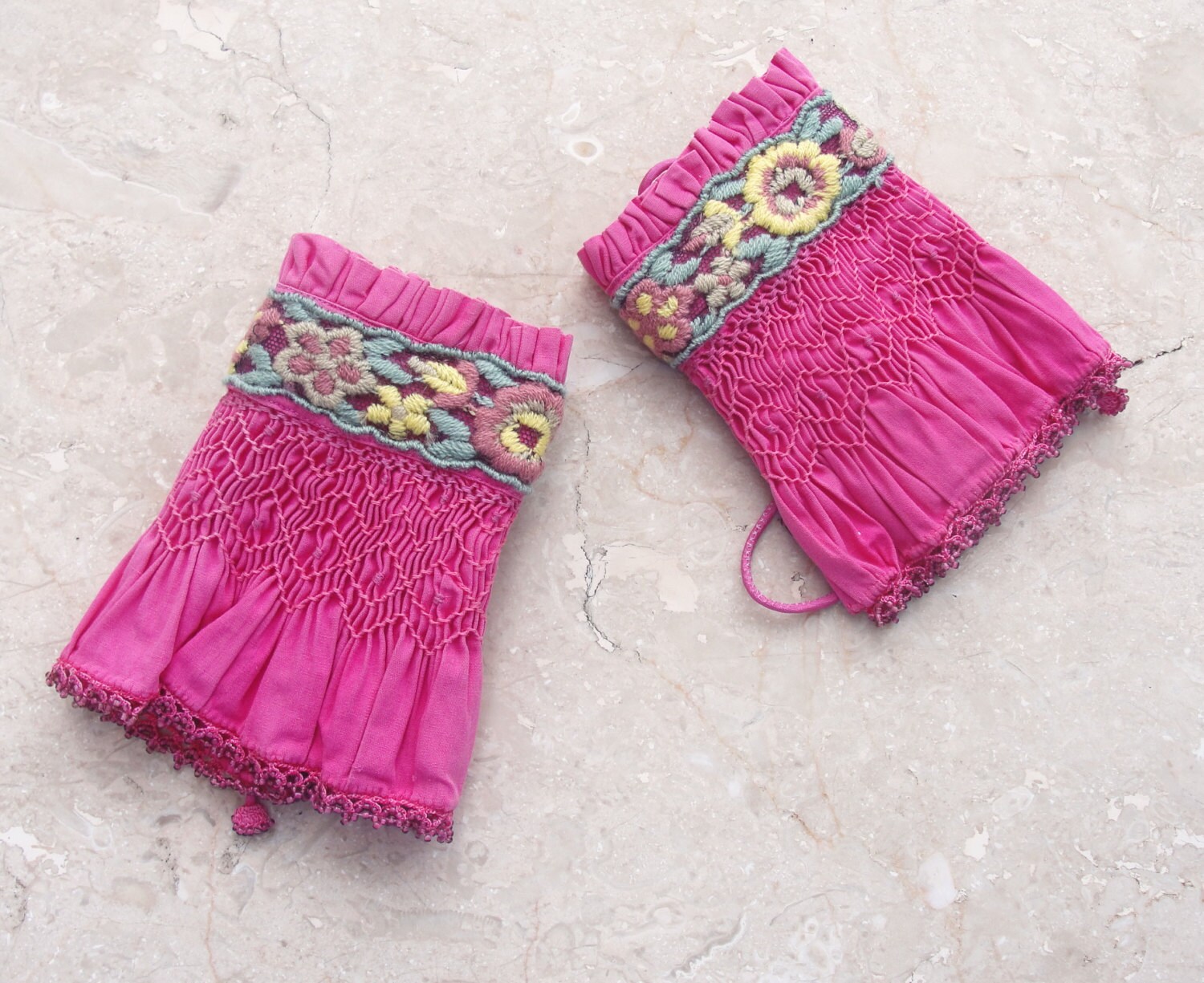 Smocked Wrist Cuffs, Textile Wrist Warmers, Vintage Lace Magenta Pink ...