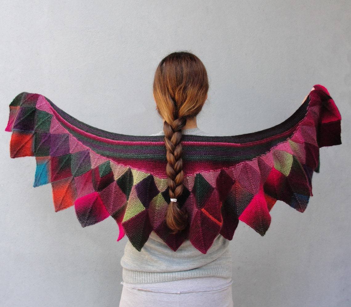 Knitted Wing Scarf Purple Magenta Green Scales Wrap Scarf. - Etsy