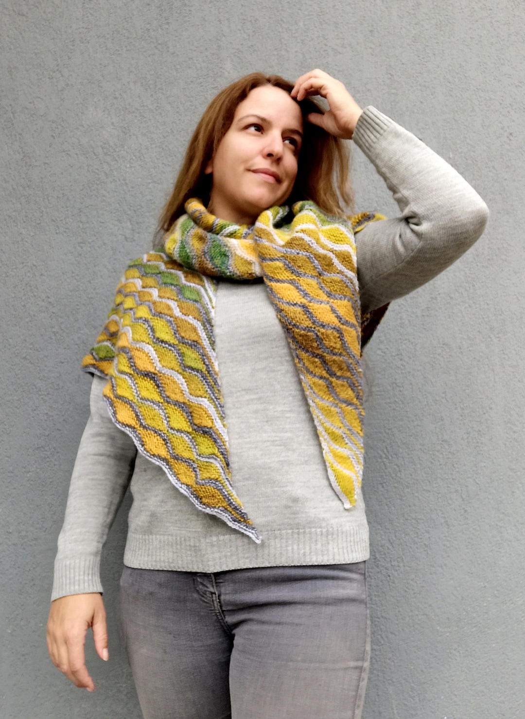 Wavey Mustard Green Gray Scarf, Triangle Wrap Scarf, Knitted Textured ...