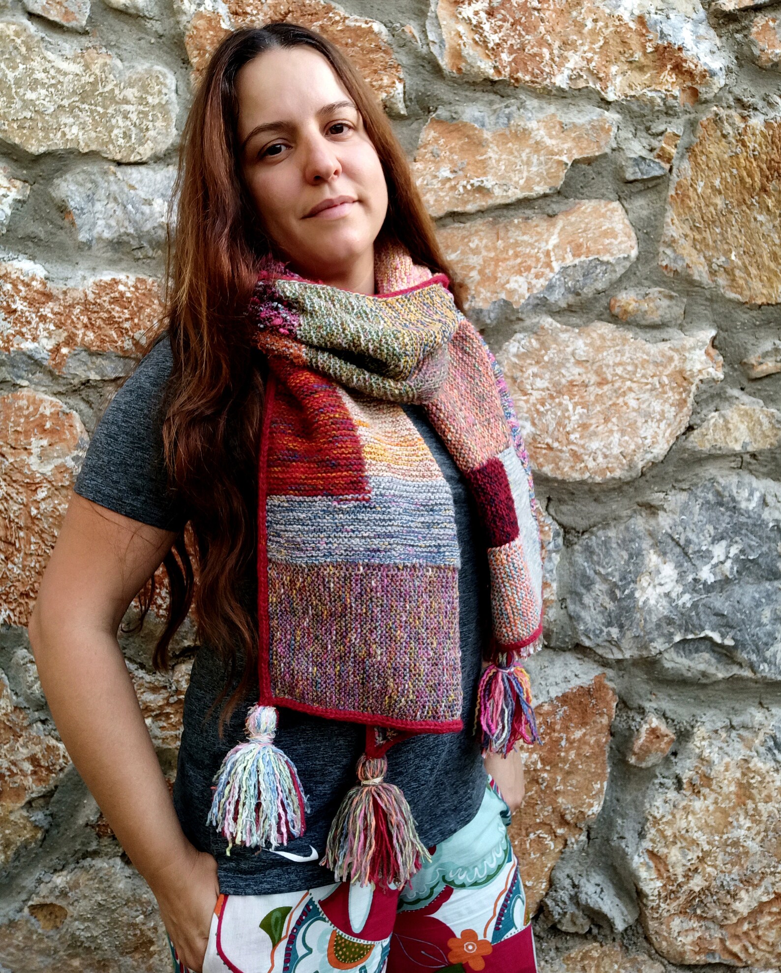 Knitted Colorblock Scarf, Squares and Tassels Wrap, Wool and Acrylic ...