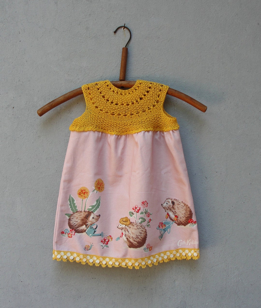 Hedgehog Baby Girl Dress: Hand Knit, Cath Kidston Cotton (12-18 Months ...