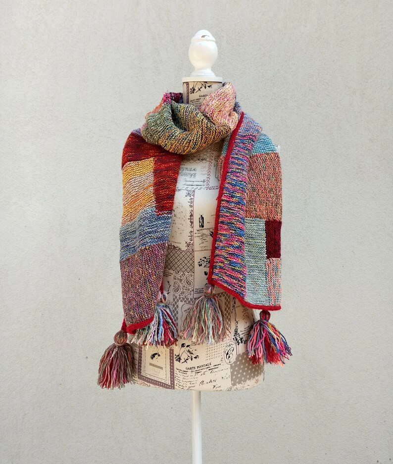 Knitted Colorblock Scarf, Squares and Tassels Wrap, Wool and Acrylic ...