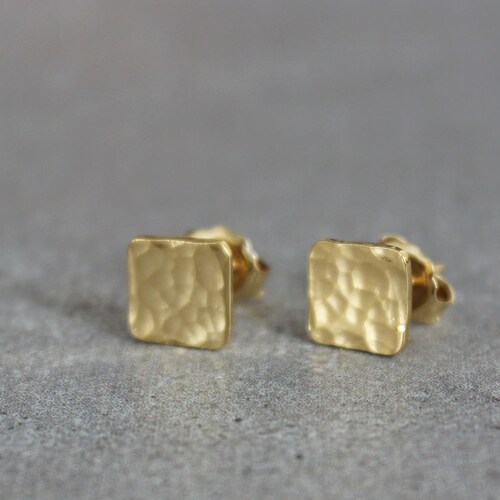 Gold Square Earrings Small Gold Stud Earrings Gold Hammered - Etsy