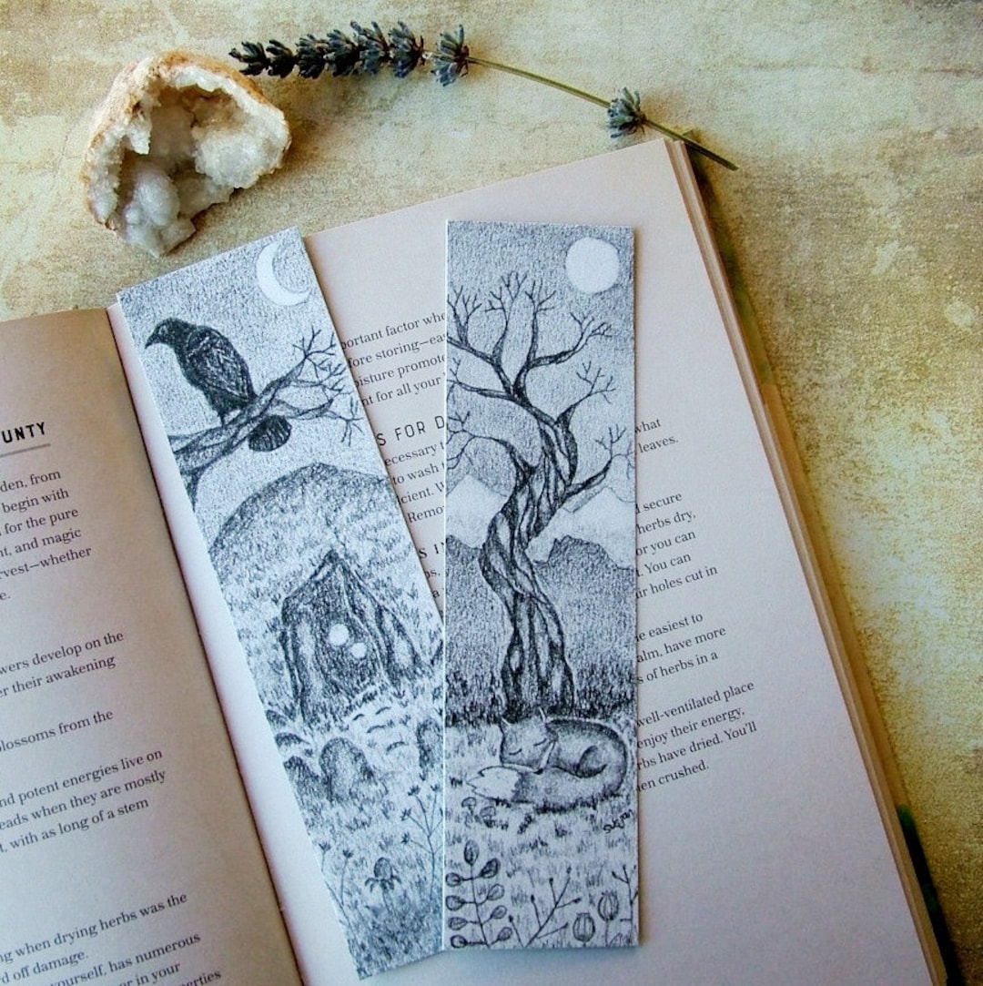 Black & White Print Bookmarks, Fox and Crow Bookmarks, 2 Pencil Art ...