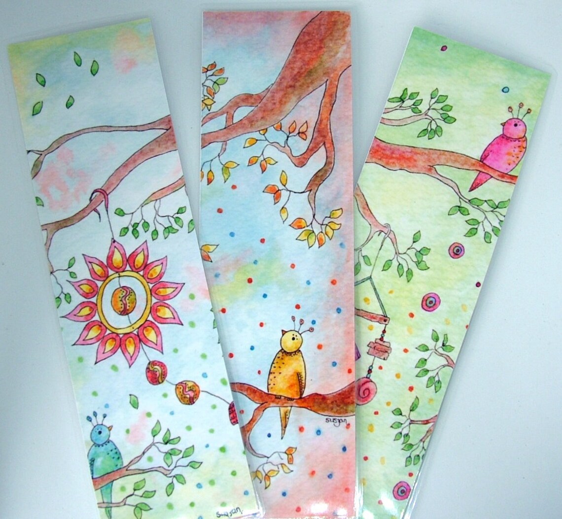 Quirky Bird Bookmarks 3 Bookmarks Bird Art Bookmarks Wind | Etsy