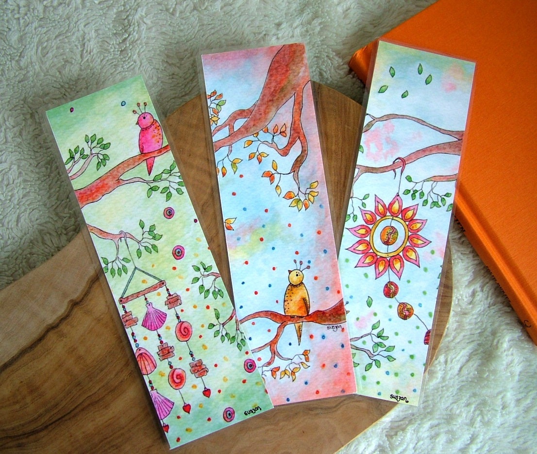 Quirky Bird Bookmarks 3 Bookmarks Bird Art Bookmarks Wind | Etsy